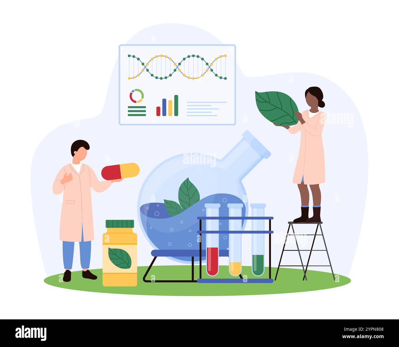 Scientists in lab coats work with giant leaves and capsules, conducting ...