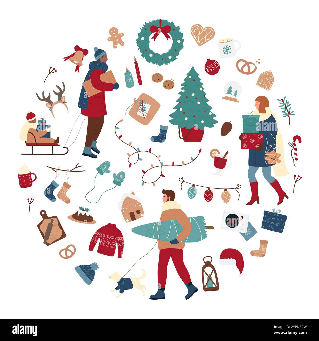 Circle layout showing people performing festive holiday activities like ...
