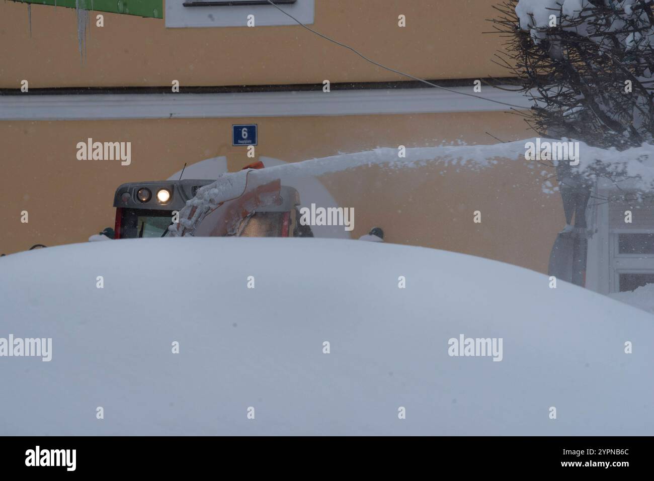 snowplow on country road, snow clearing vehicle in winter service snow ...