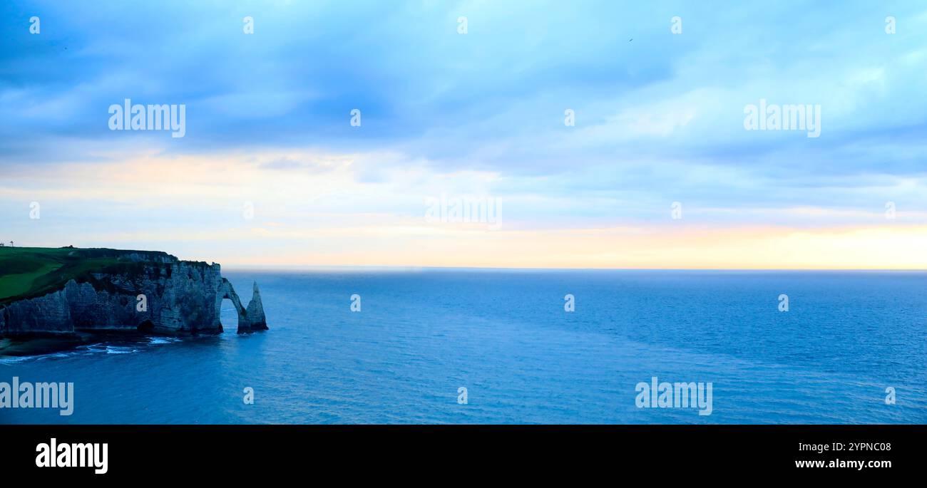 Aerial view of the famous white limestone cliffs near Etretat during ...