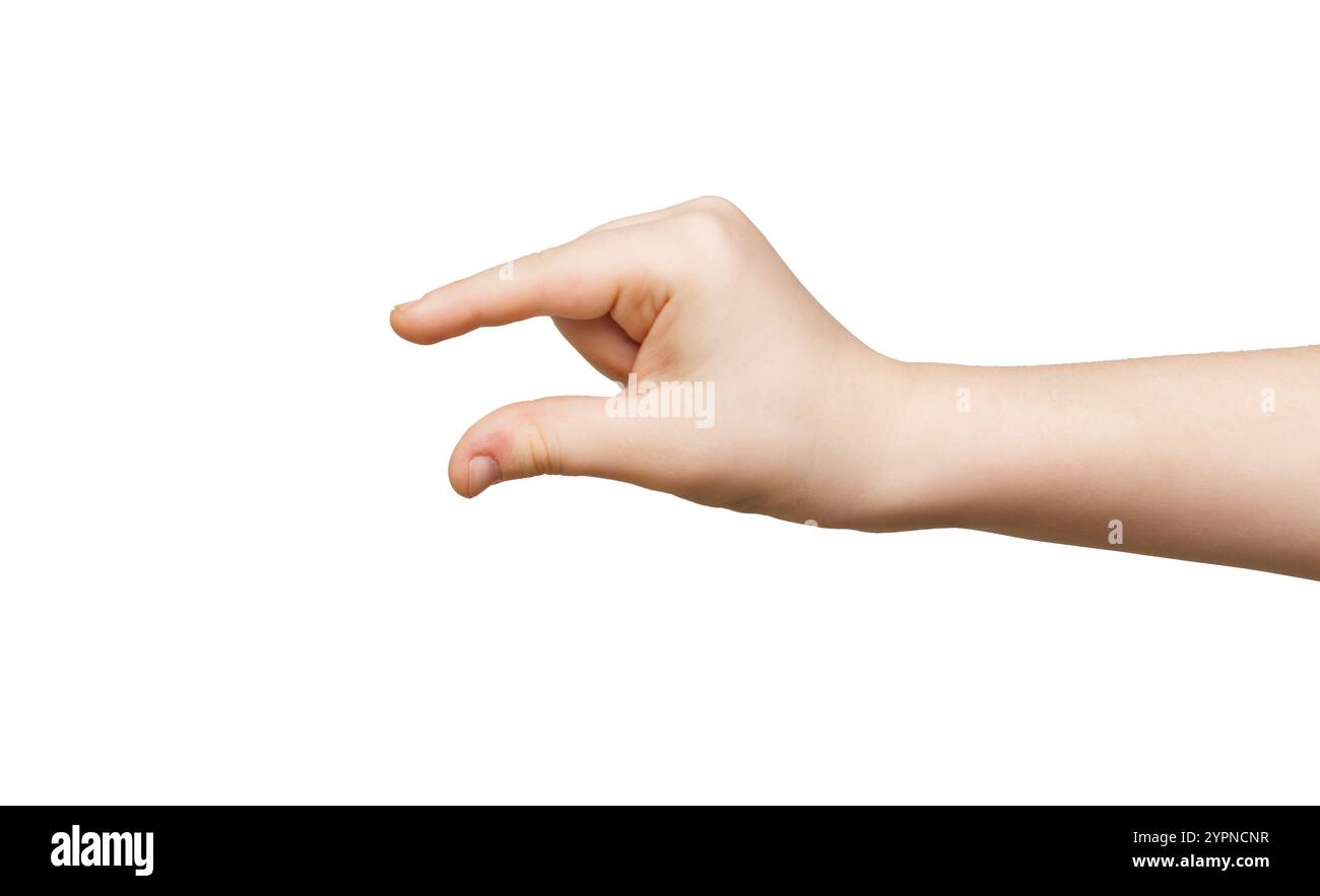 Kid hand measuring something, cutout, gesture Stock Photo - Alamy