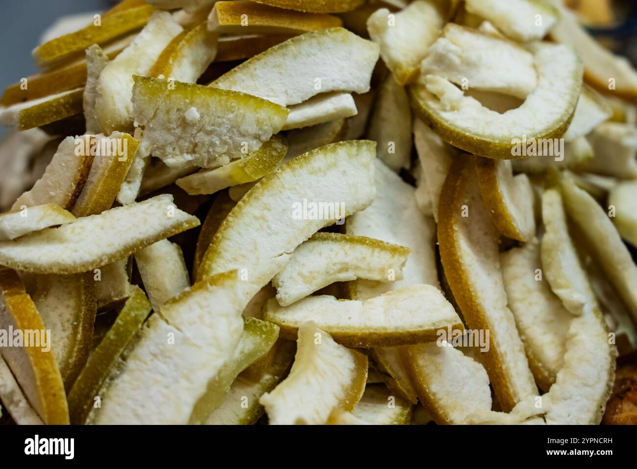 Dried colorful tropical fruits. Sweet fruits in dried form. Close up ...