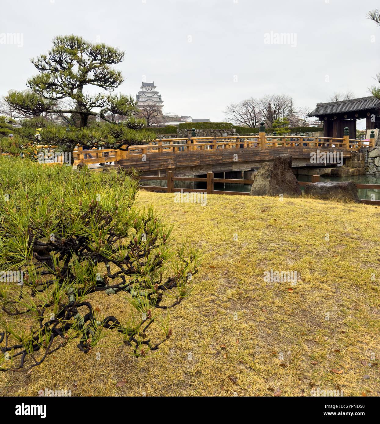 Himeji white Heron castle Japan, main keep. Sakuramon bridge at the ...