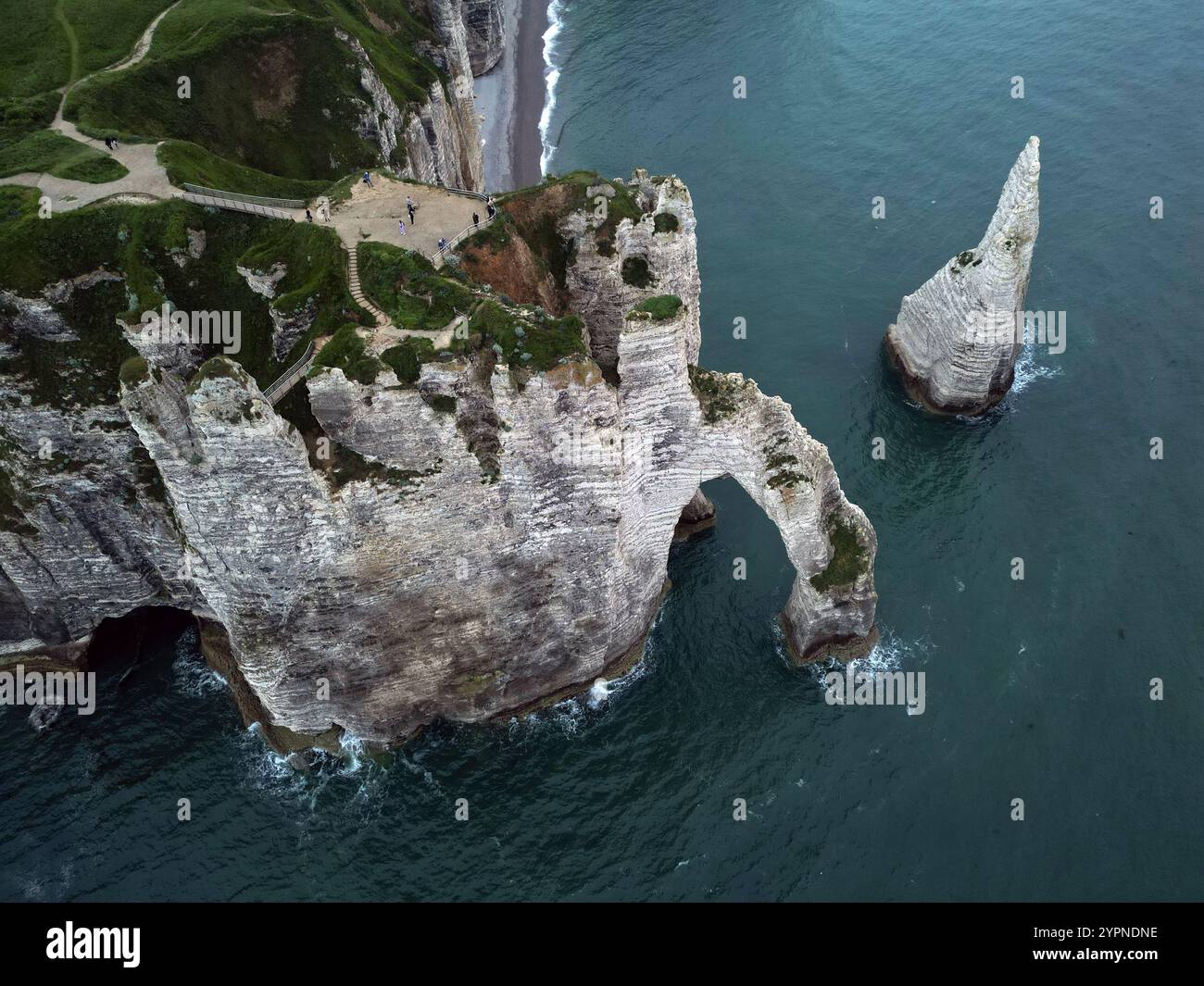 Aerial view of the famous white limestone cliffs near Etretat during ...