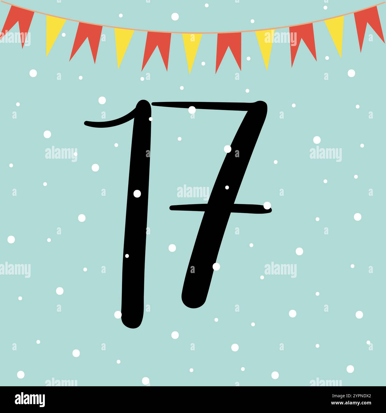 Christmas advent calendar with colorful flags and snowfall. 17th of ...