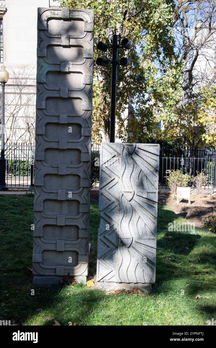 Abstract stone pillar sculptures at Campbell House Museum on Queen ...