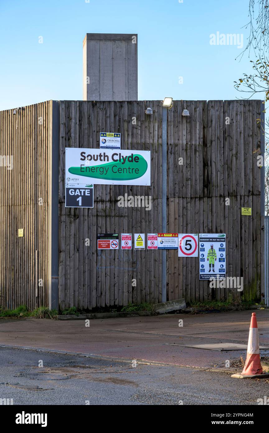 Sign at entrance to the South Clyde Energy Centre construction site an ...