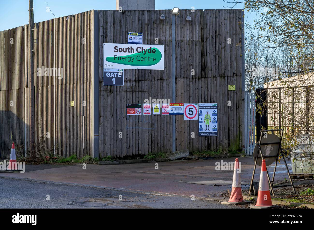 Sign at entrance to the South Clyde Energy Centre construction site an ...