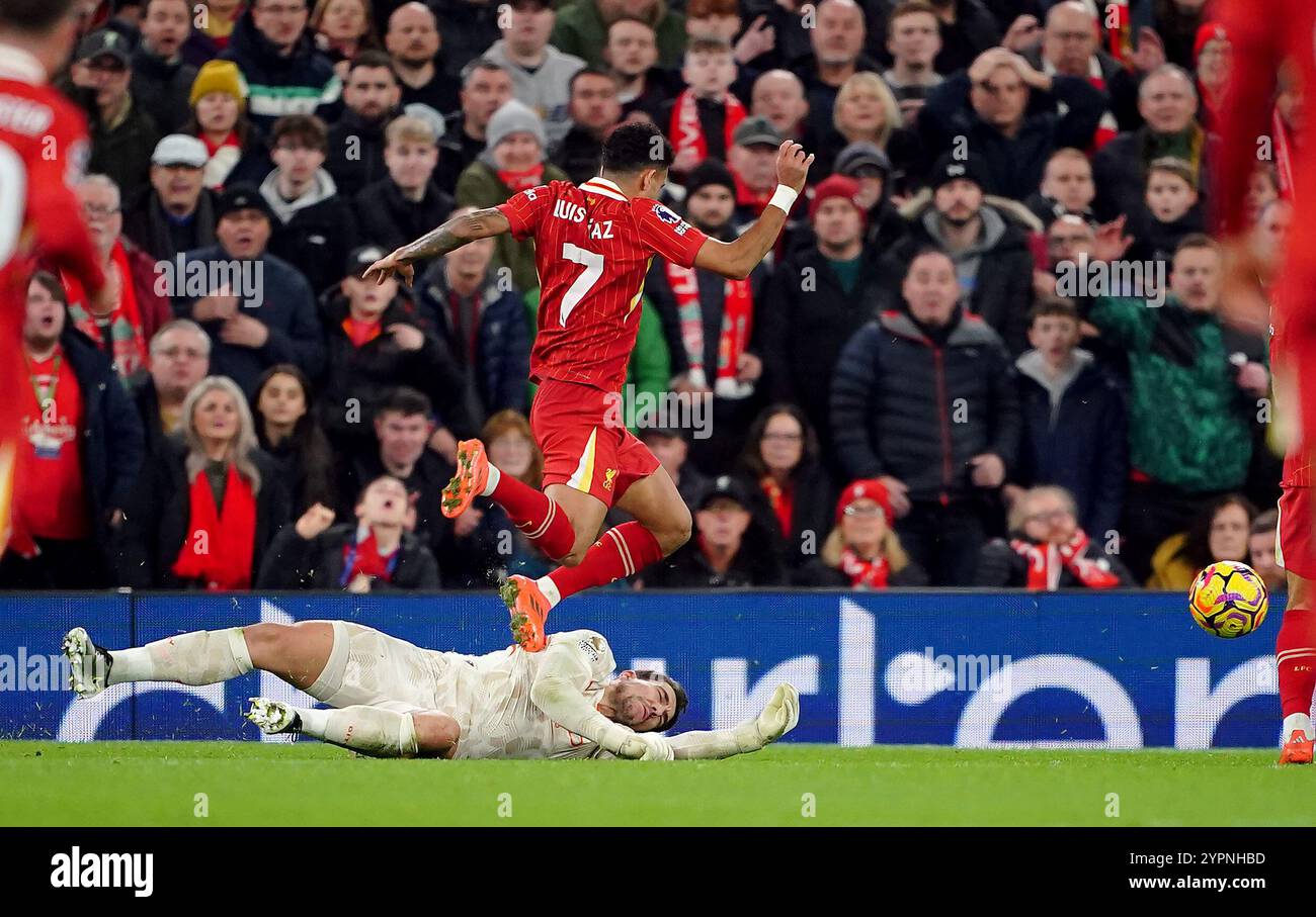 Manchester City goalkeeper Stefan Ortega brings down Liverpool's Luis ...