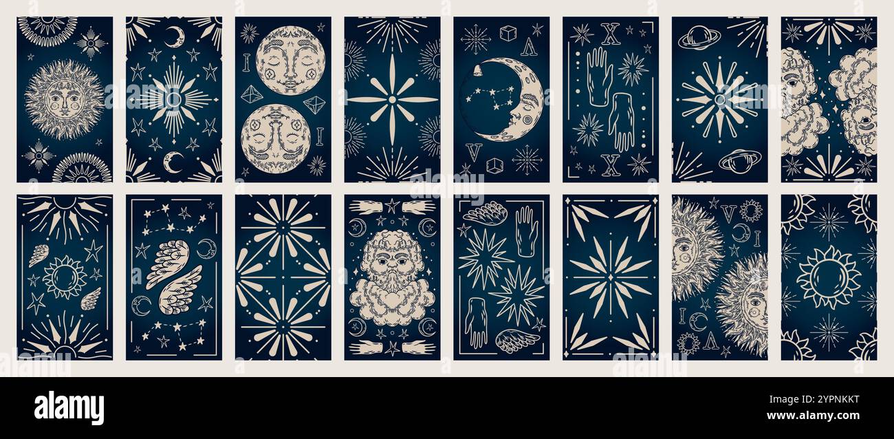 Tarot cards. Magic sun moon, mythic witch symbols. Vintage spiritual ...