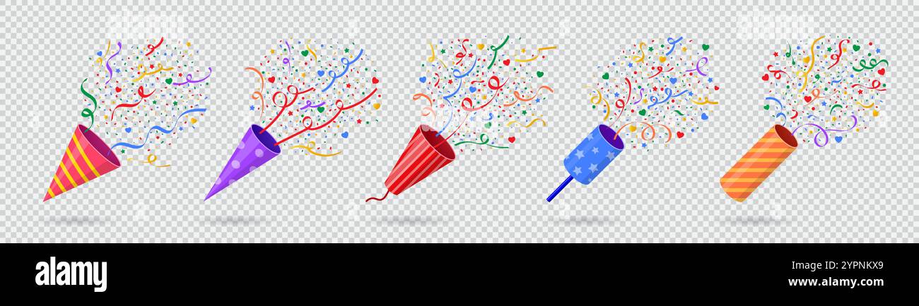 Birthday confetti. Congratulate firecracker explosion. Paper popper ...
