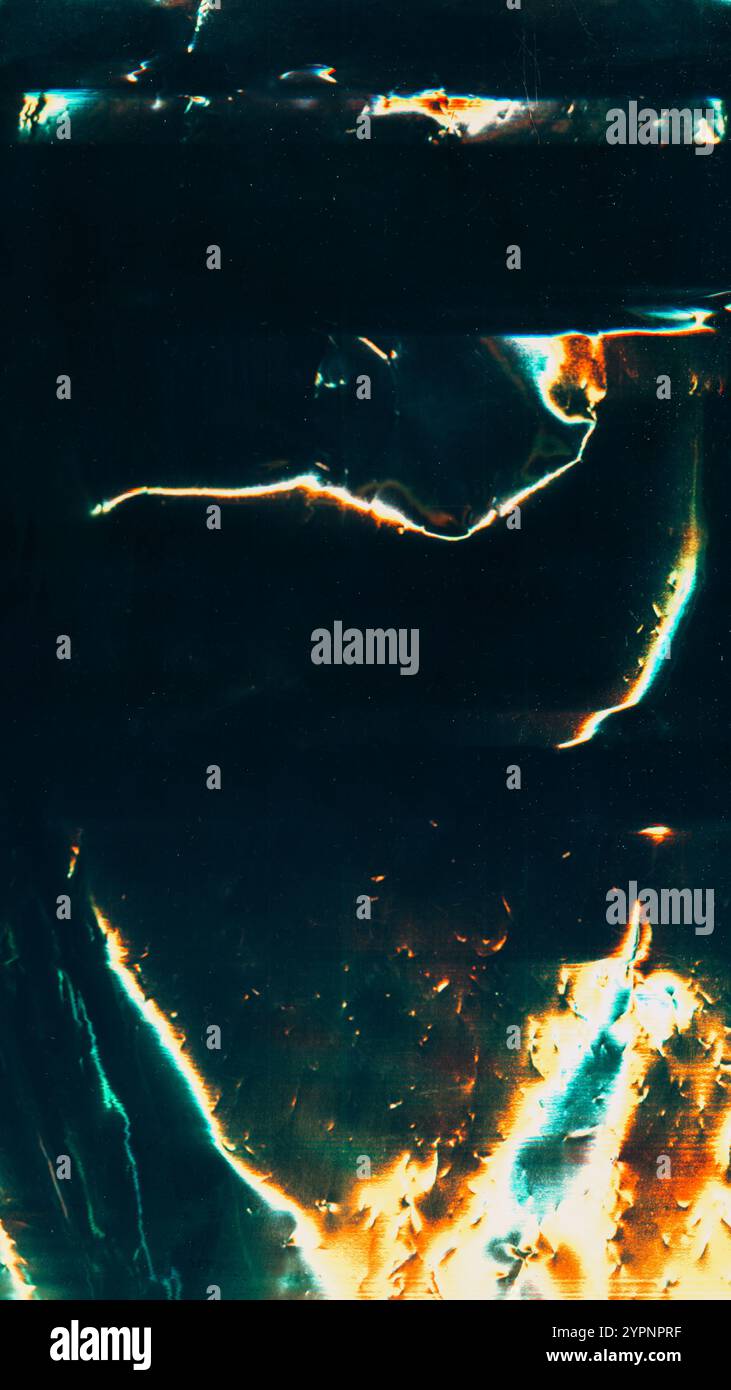 Old film overlay. Damaged foil. Burn surface texture. Blue orange green ...