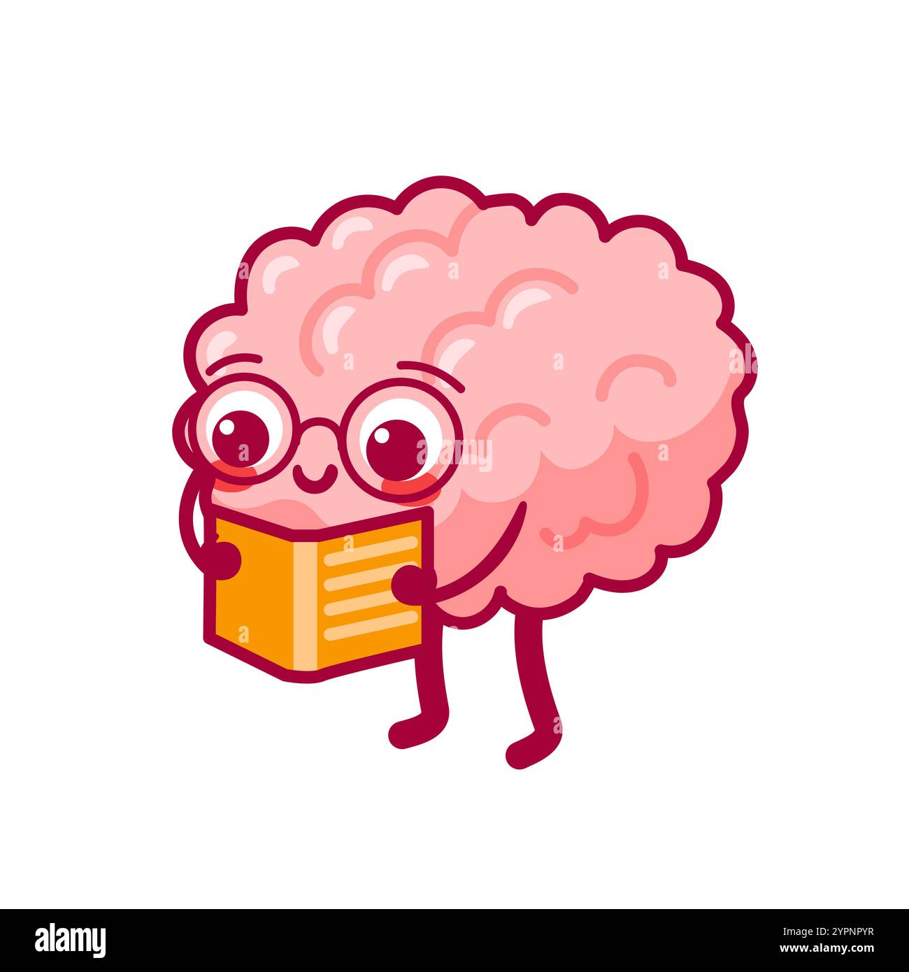 Brain with glasses reads a book. Cute cartoon character in kawaii style ...