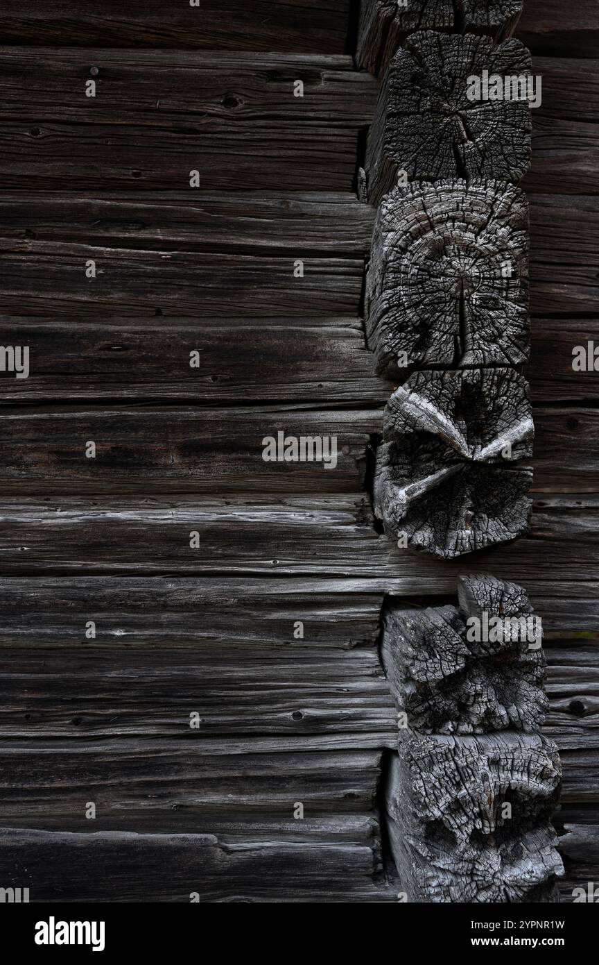 a close-up view of weathered, textured wooden logs forming the corner ...