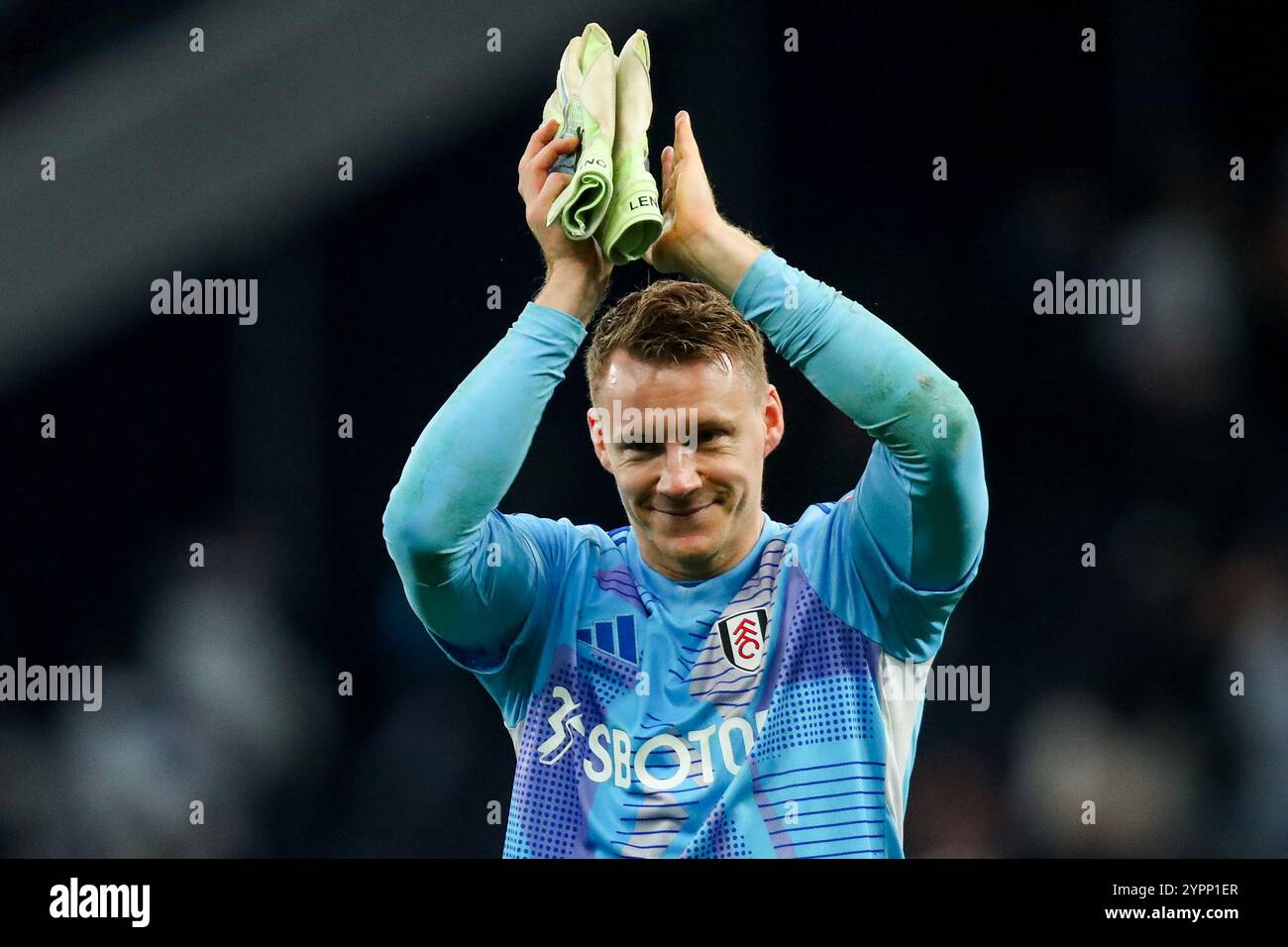 London, UK. 01st Dec, 2024. Bernd Leno of Fulham acknowledges the fans after the teams draw ...