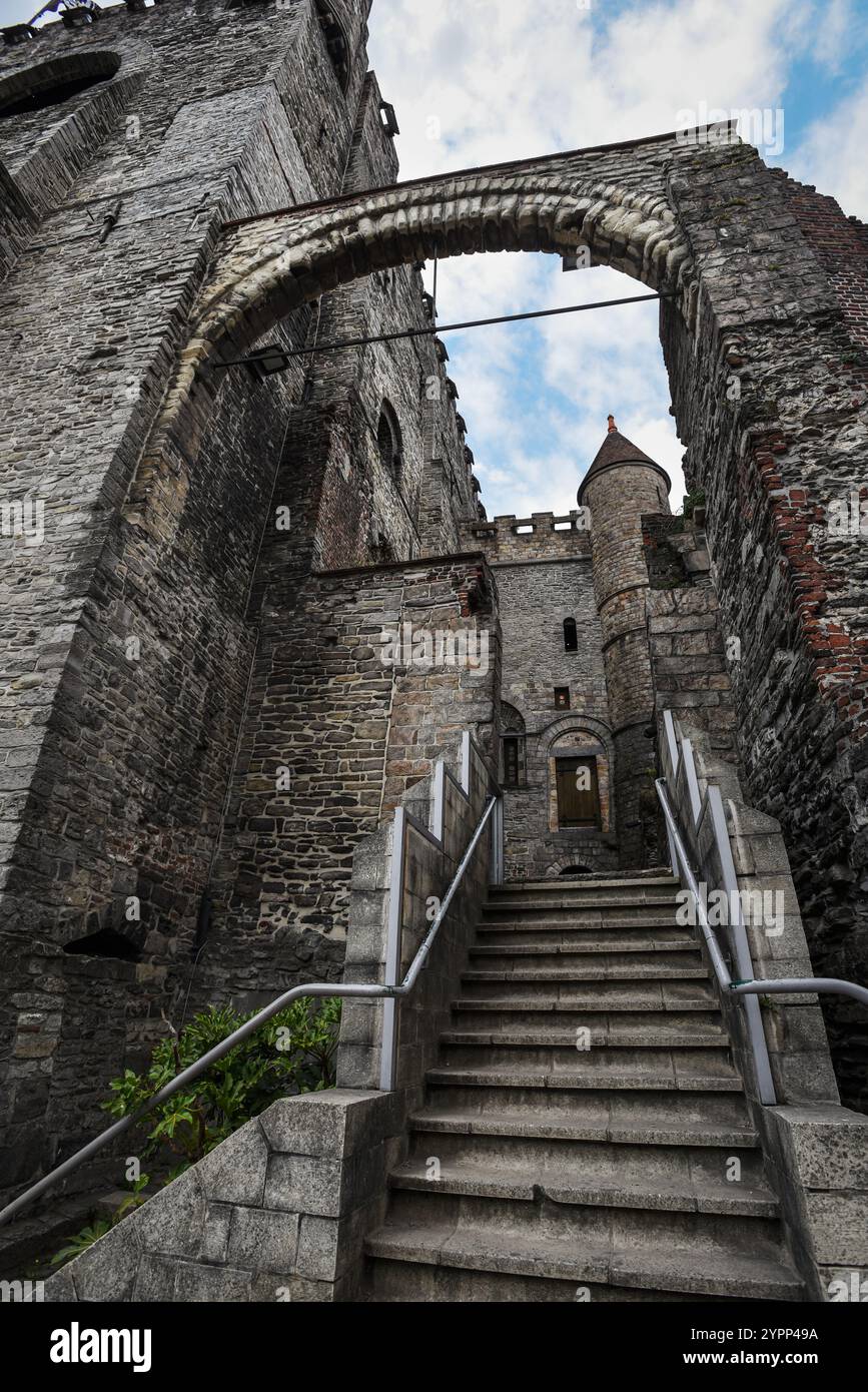 Arched Gate and Stairway at Gravensteen Castle - Ghent, Belgium Stock ...