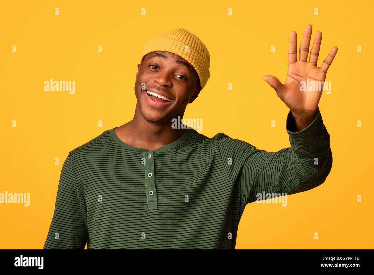 Hello. Portrait Of Friendly Young African American Guy Waving Hand At ...