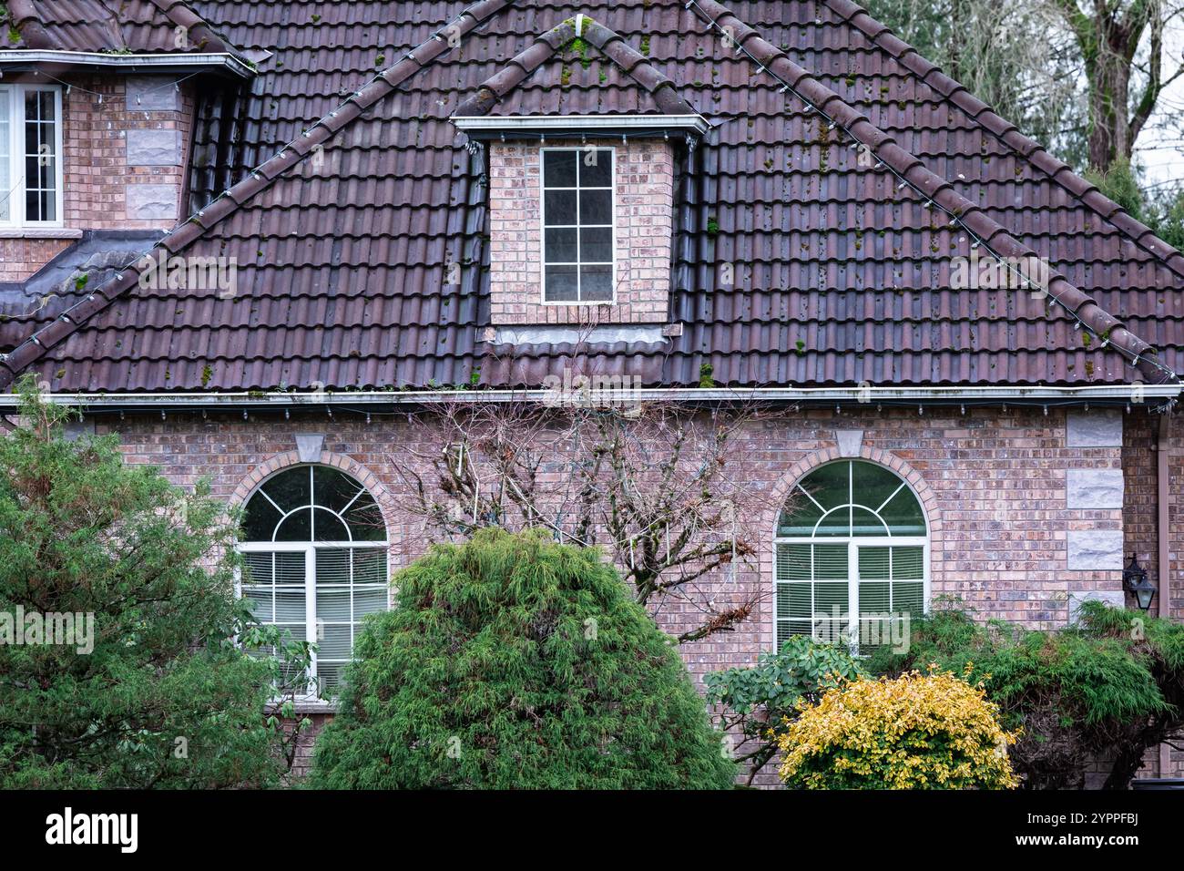 Windows of a house with the roof. Facade of a private brick house with ...