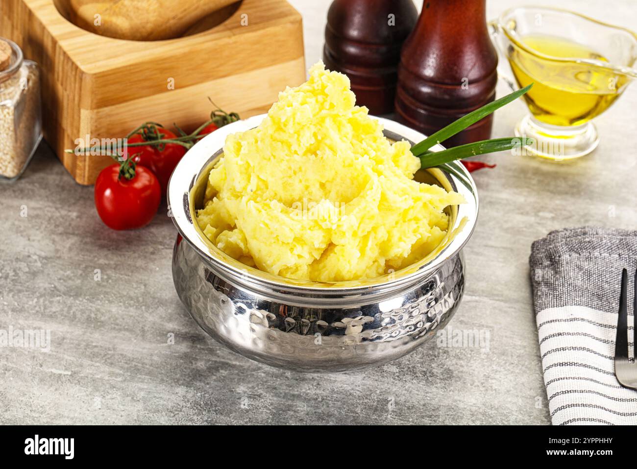 Mashed potato Puree with butter served green onion Stock Photo - Alamy