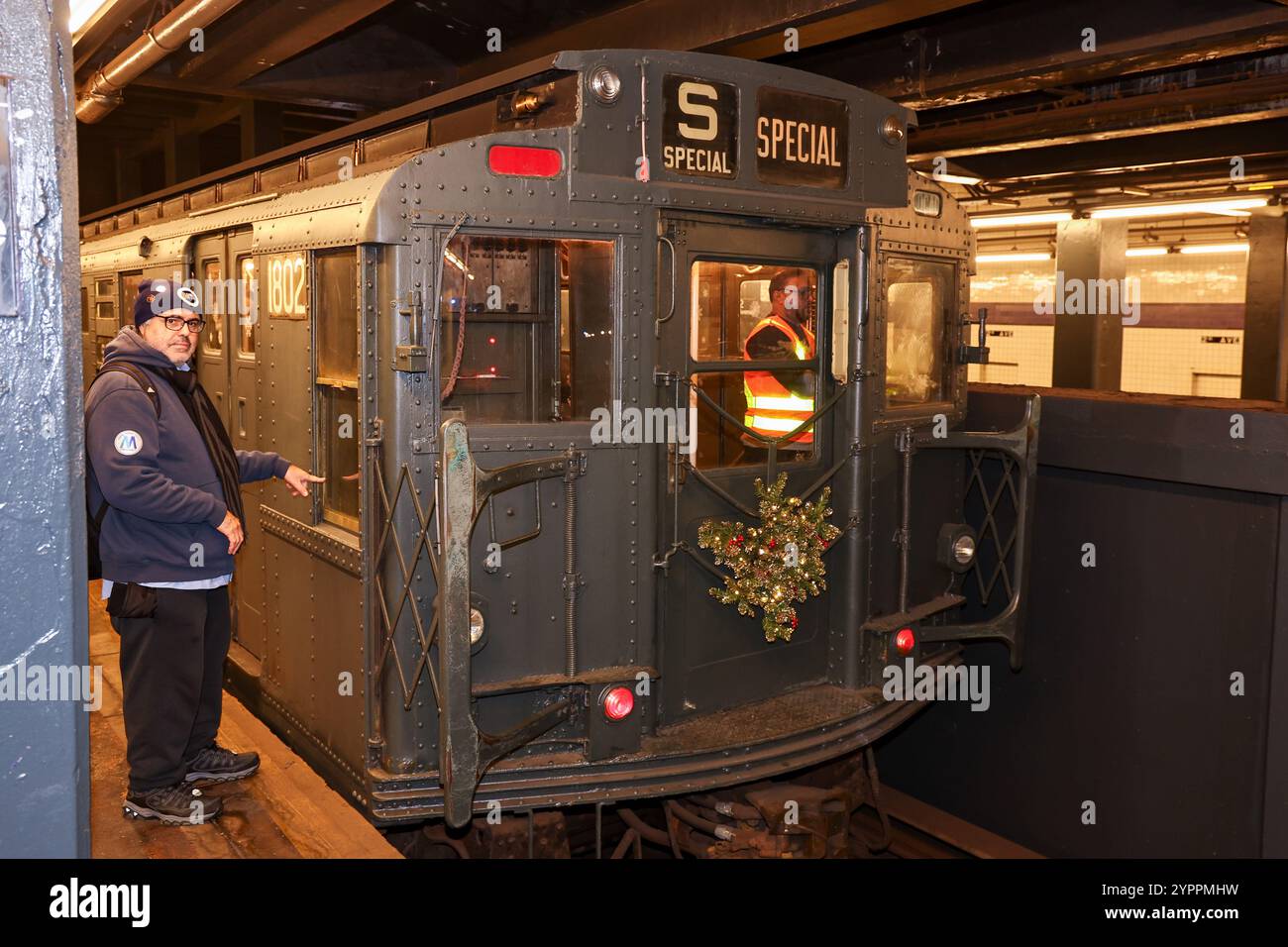 The Holiday Nostalgia Ride subway pulls into the subway station on December 1, 2024. The event ...