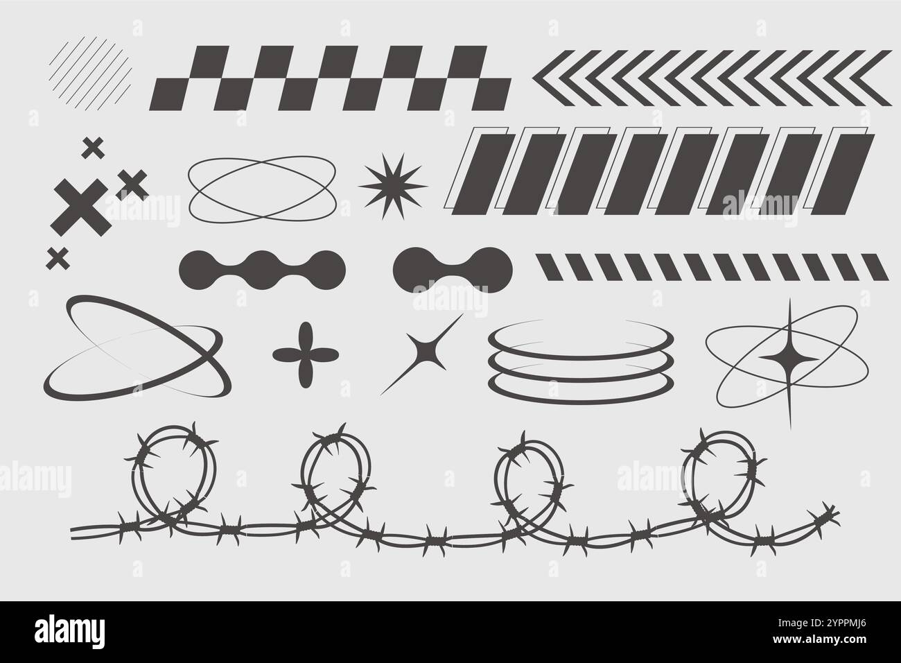 Y2k geometric elements border set, heart with flame, barbed wire, grid ...