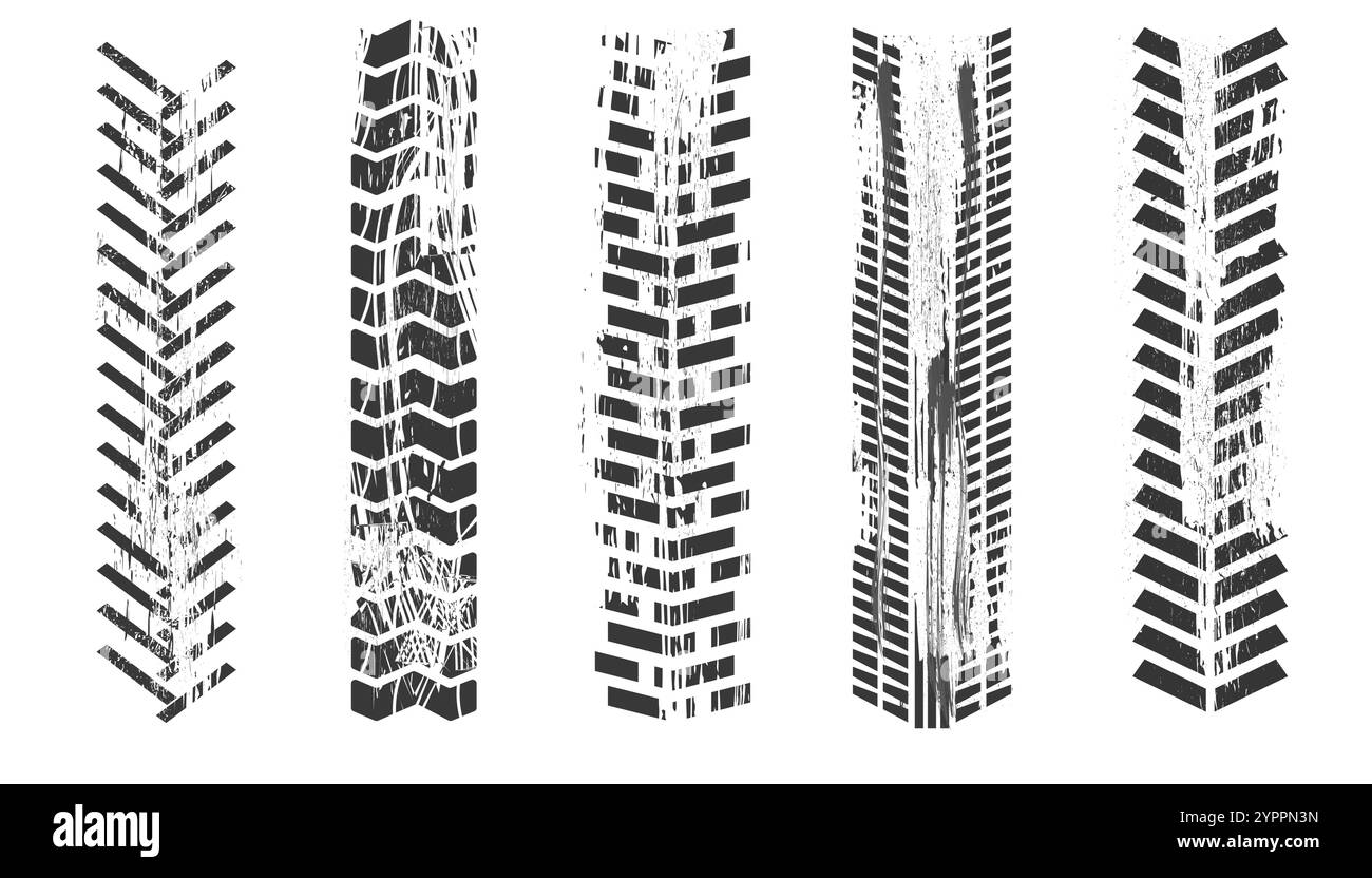 Tyre mark car or bike wheel trace, grunge textured trail silhouette ...