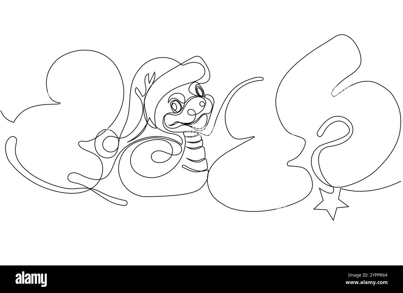 Continuous one line doodle drawing of new year 2025. Holiday concept ...
