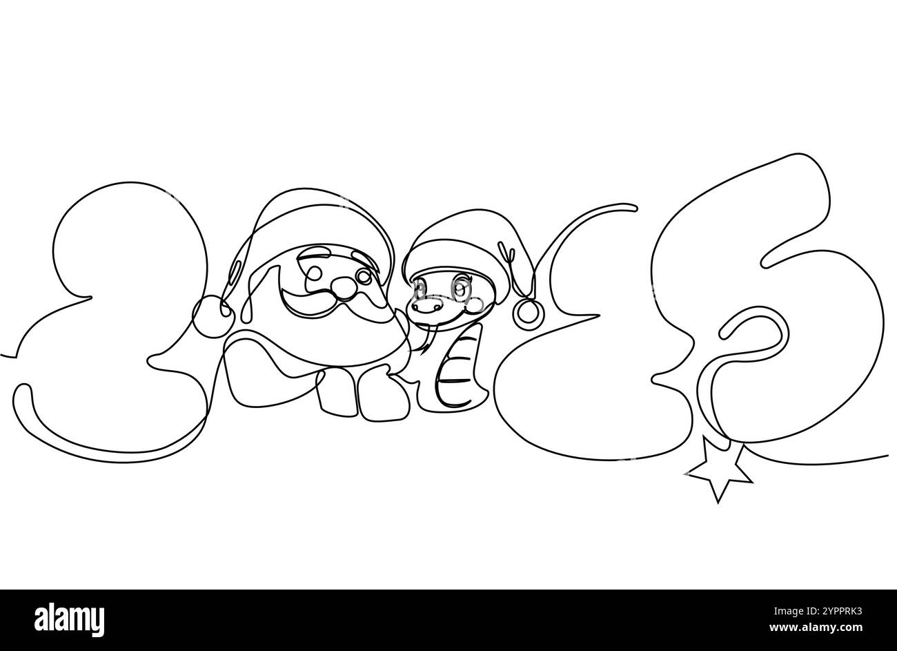 Cute cartoon Santa Claus and green snake stand next to the winter trees ...