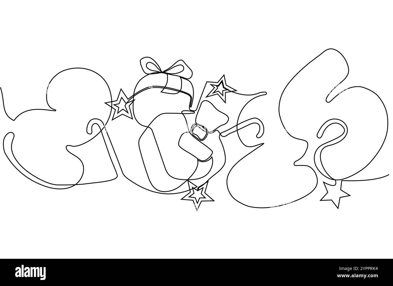 Continuous one line doodle drawing of new year 2025. Holiday concept ...