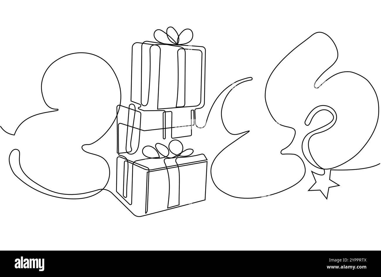 Continuous one line doodle drawing of new year 2025. Holiday concept ...