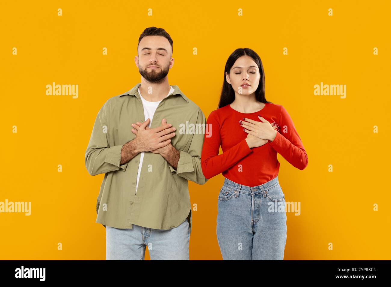 Young couple expresses love and connection against a vibrant background ...