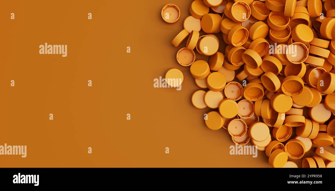 Top view on a pile of orange plastic bottle caps on orange background ...
