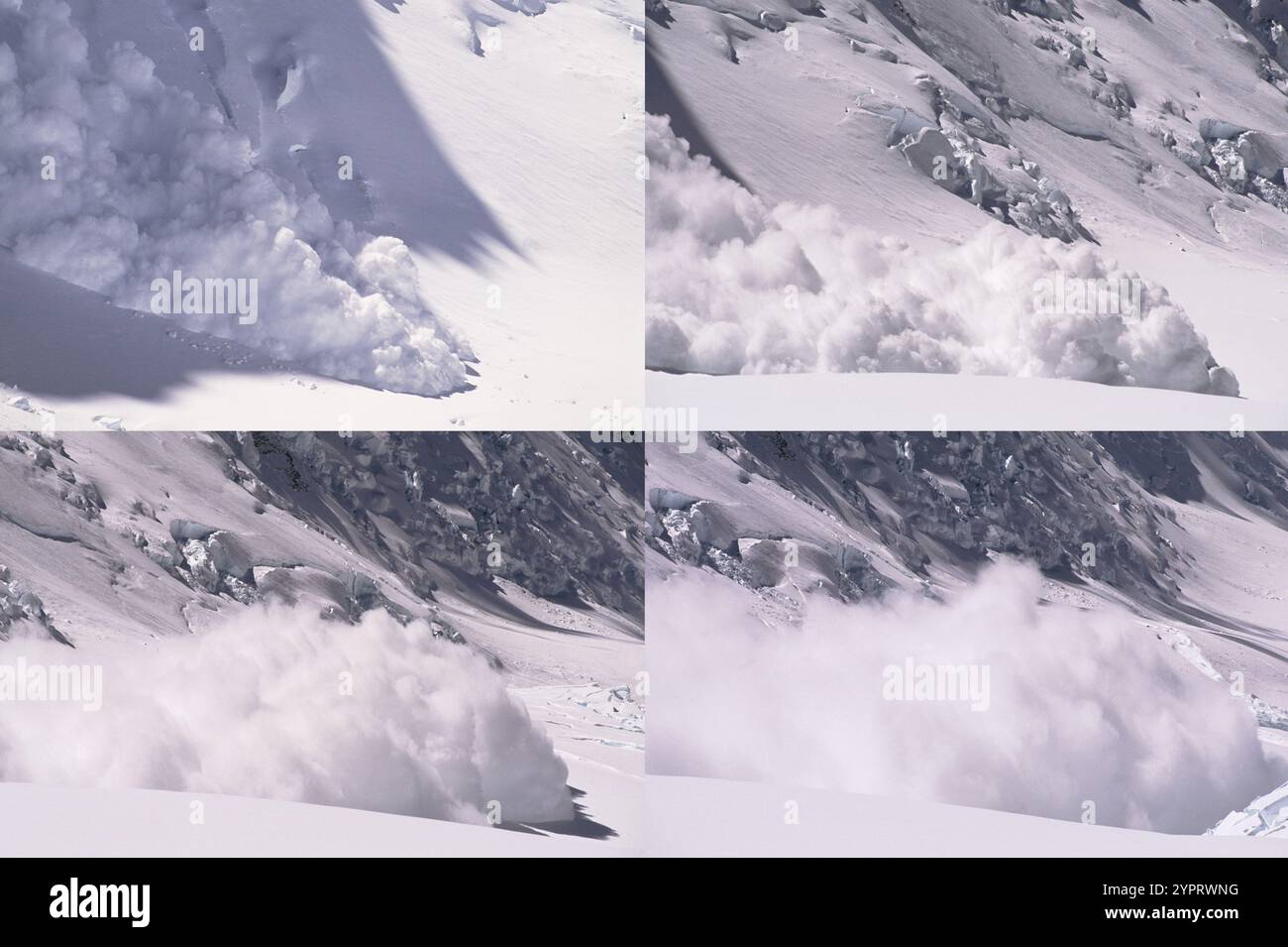 Sequence of massive avalanche racing down from the north face of King Peak, crossing the King ...