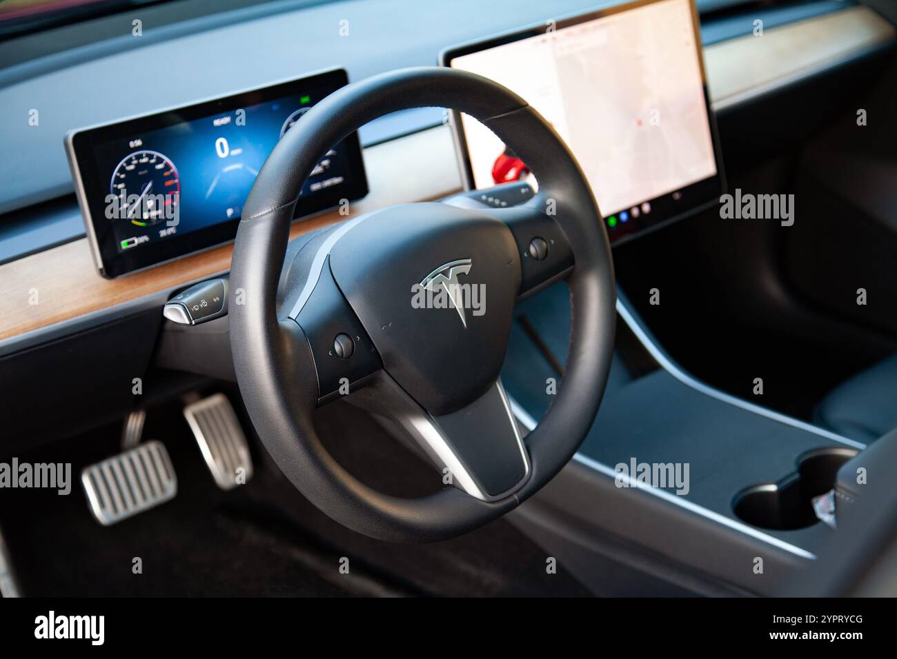 Vilnius, Lithuania - 16-08-2024 - Interior of Tesla Model 3, steering ...