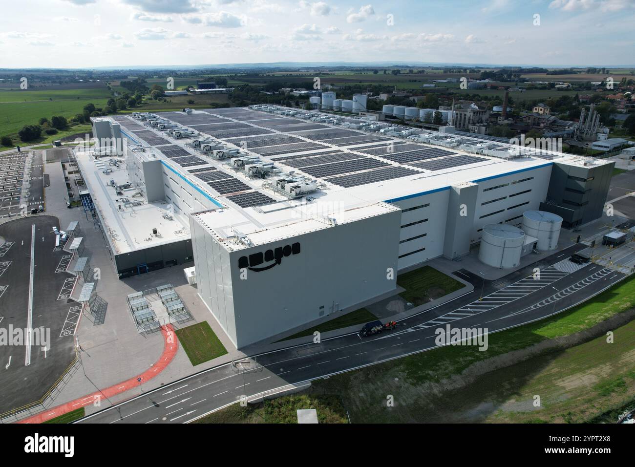 Brand new Amazon Warehouse distribution center. Aerial view of massive ...