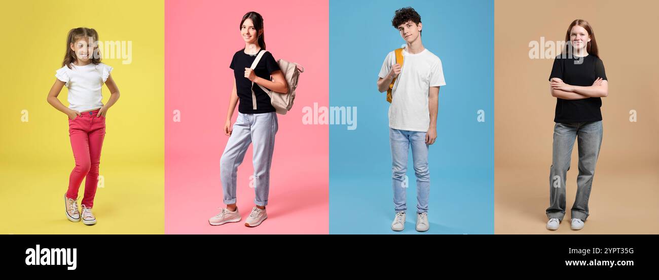 Teenagers on different colors backgrounds. Collage of portraits Stock ...