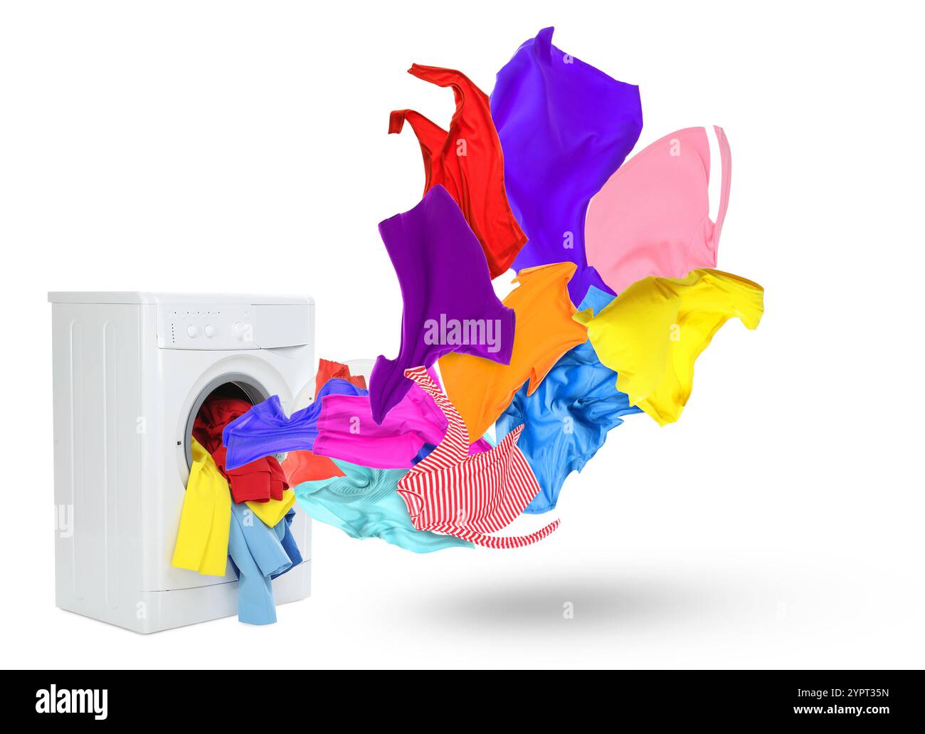 Clean colorful clothes flying out of washing machine on white ...