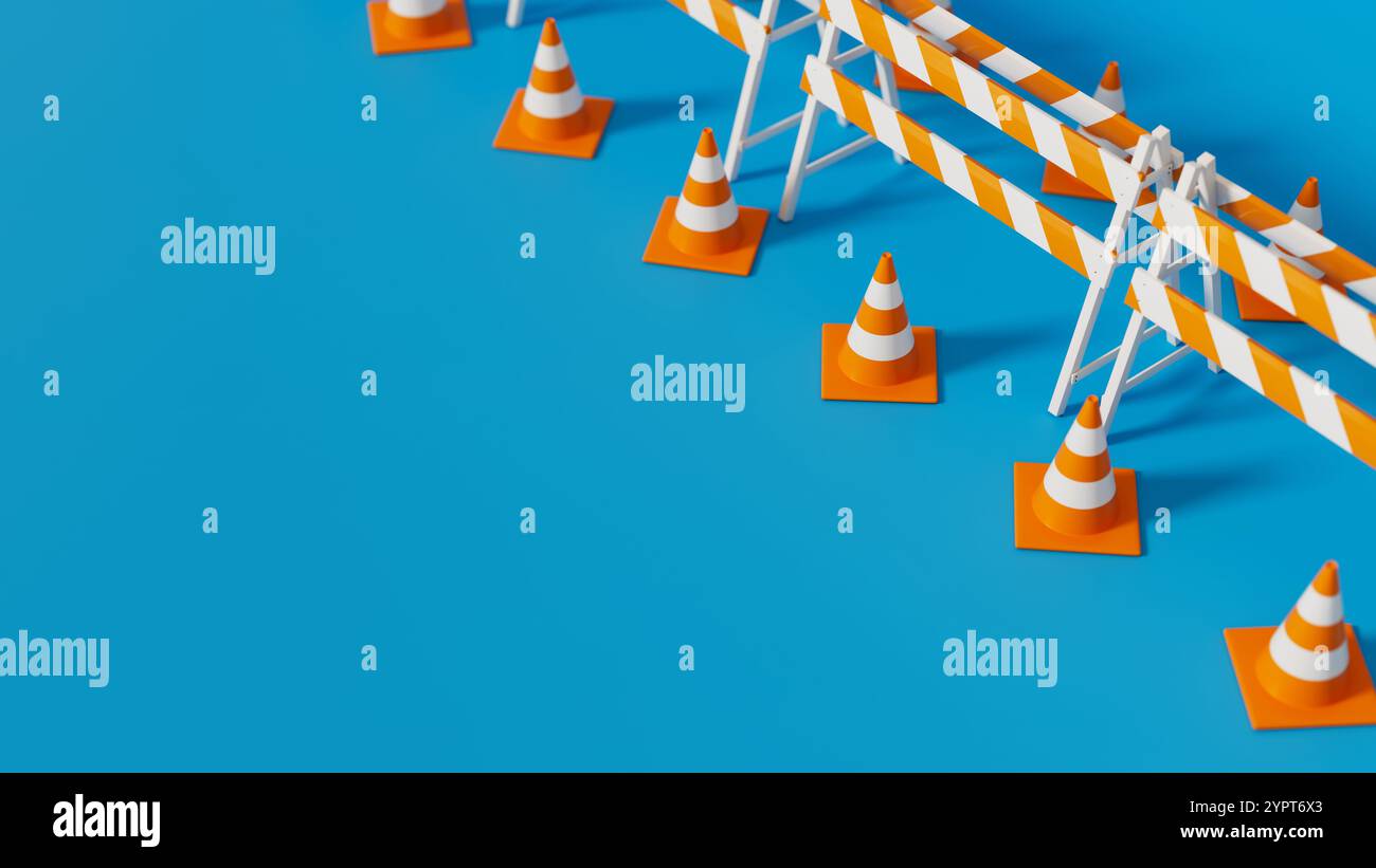 Line of orange traffic cones and barriers on blue background. Safety ...