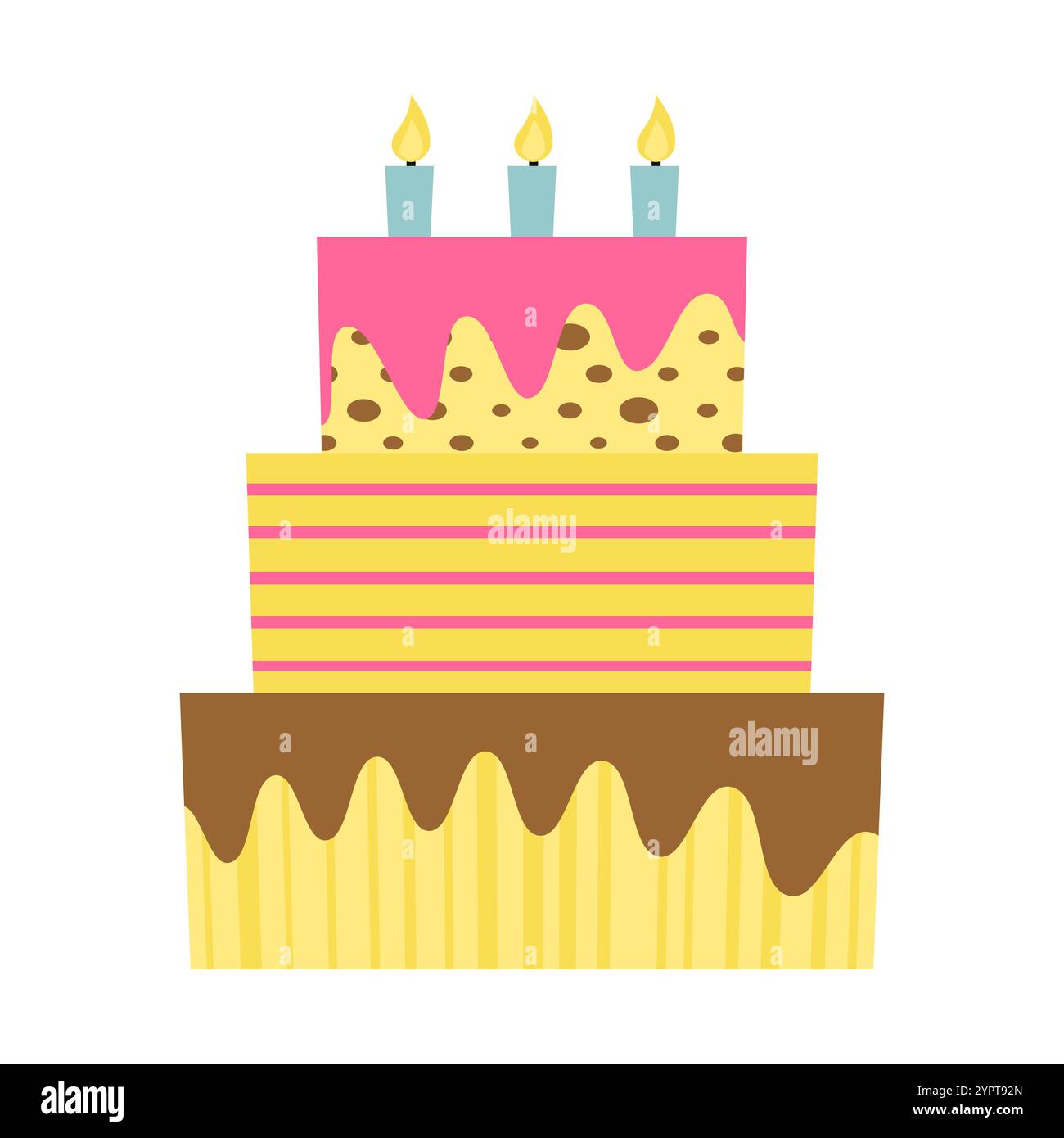 Sweet birthday cake with three burning candles. Colorful holiday ...