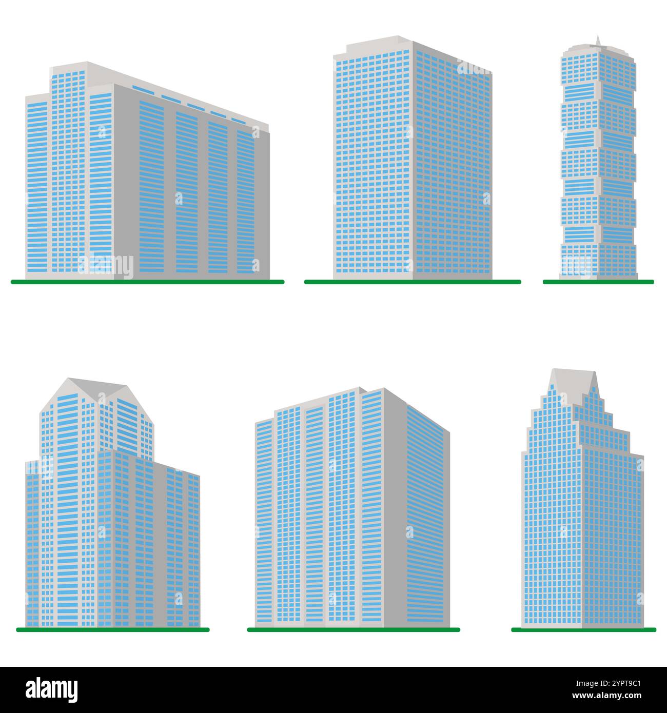 Set of six modern high-rise building on a white background. View of the ...