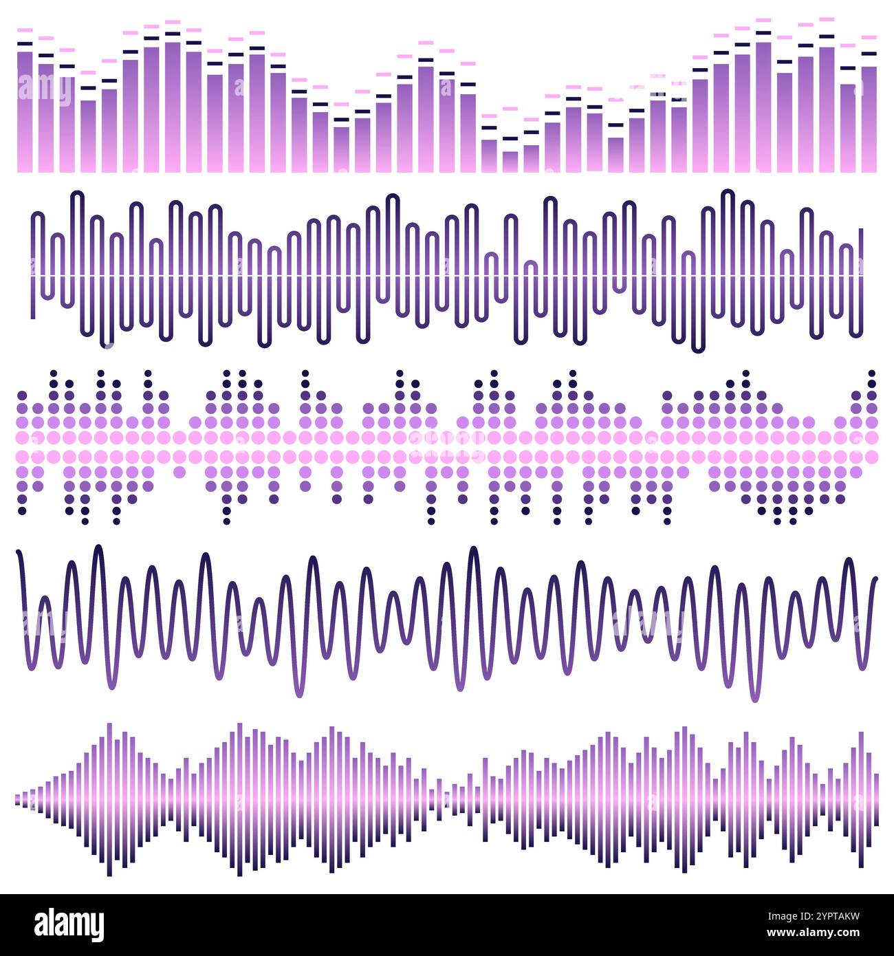 Vector set of violet sound waves. Audio equalizer. Sound & audio waves isolated on white ...