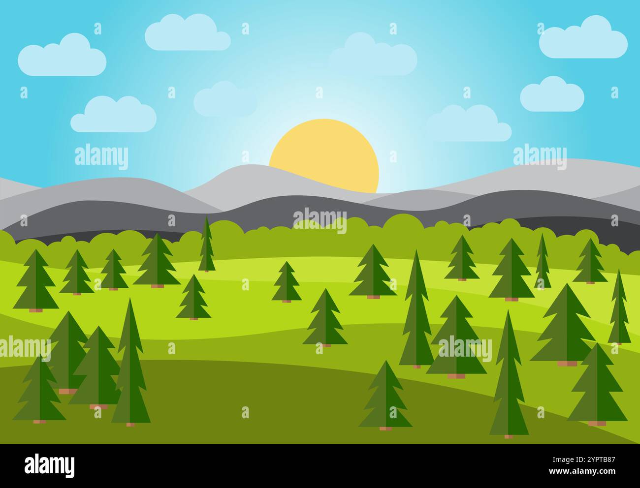 Vector landscape with field, trees and mountains. Early morning with ...
