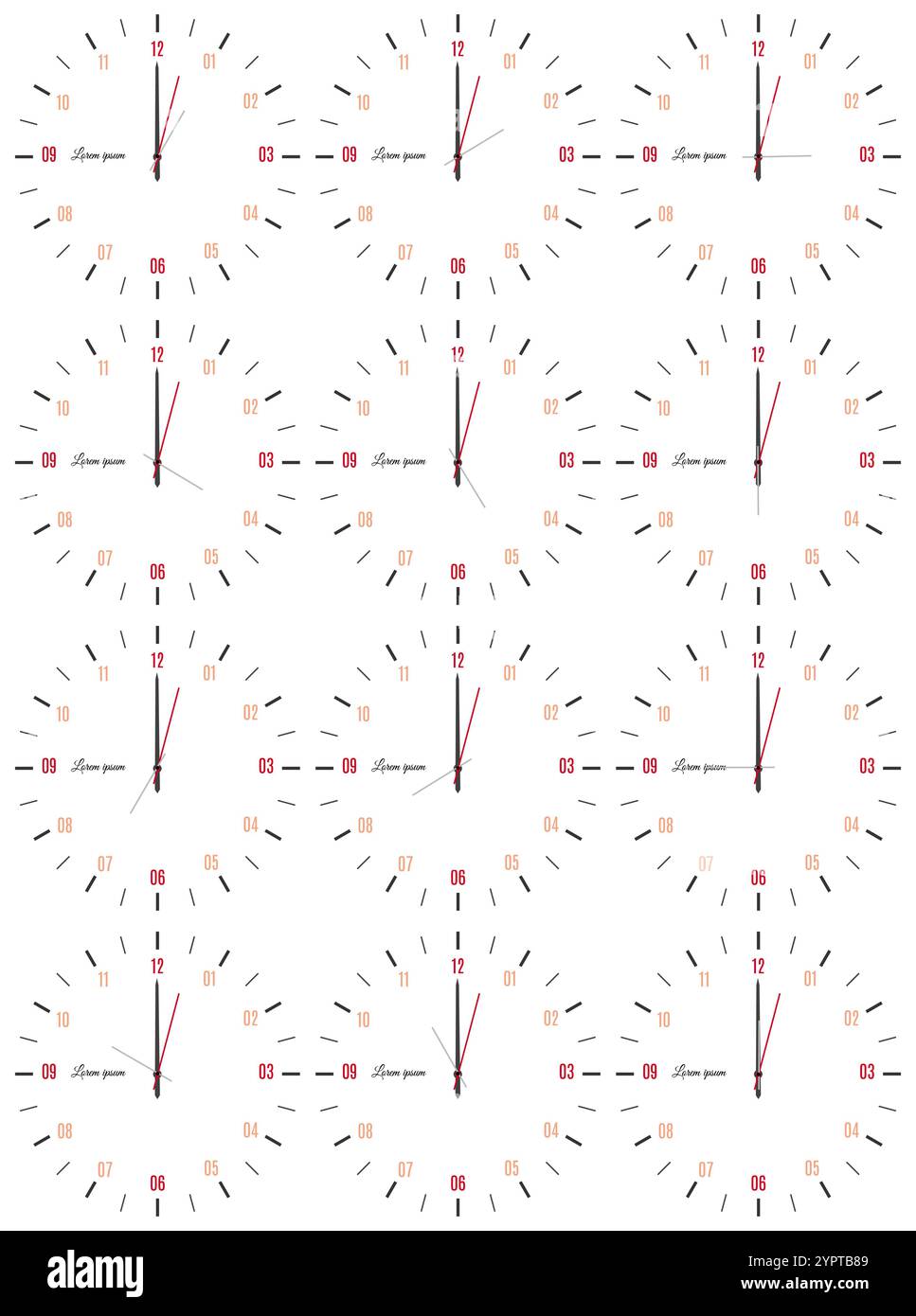 A set of mechanical clocks with an image of each of the twelve hours ...