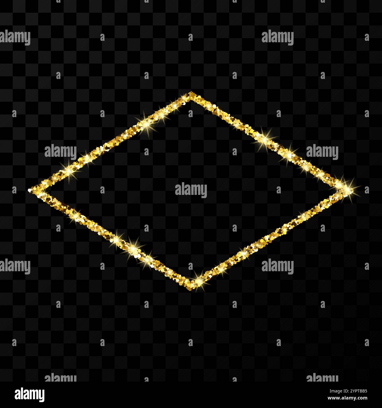 Gold glitter frame. Rhombus frame with shiny sparkles on dark transparent background. Vector ...
