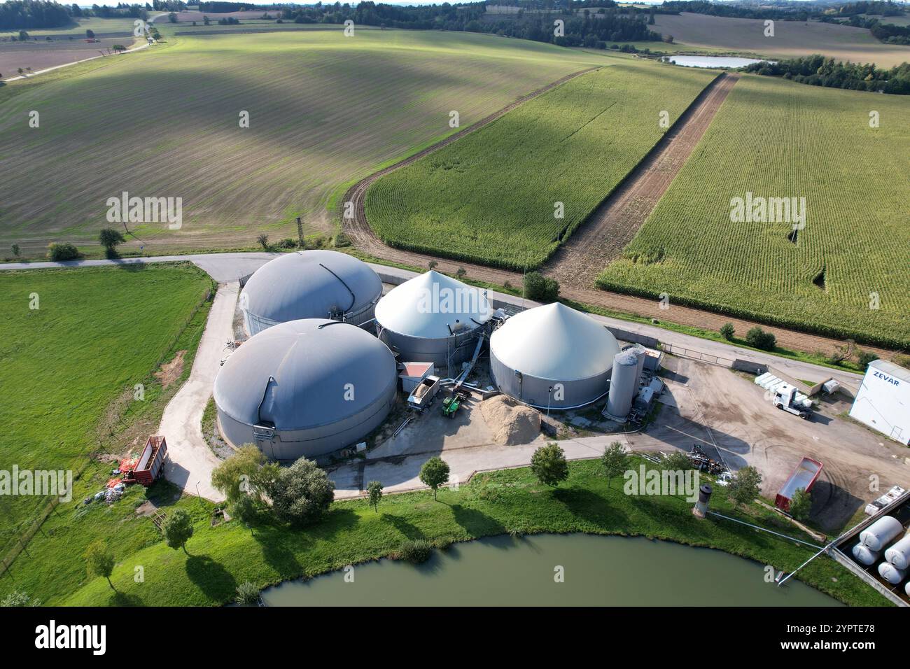 biogas production, biogas plants, bioenergy,aerial panorama landscape view of bio gas production ...