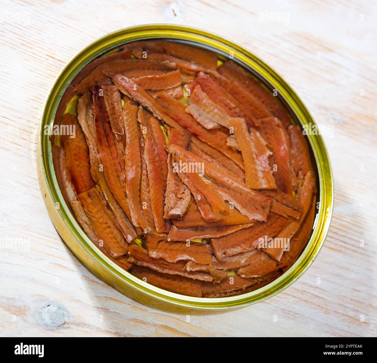 Traditional spanish canned food salted anchovy fillets in oil, nobody ...