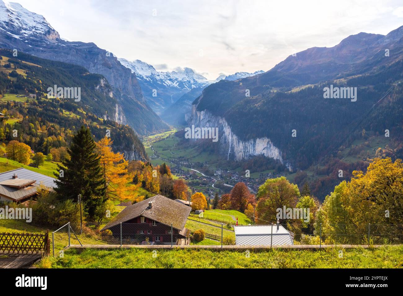 View of Lauterbrunnen valley from Wengen town in autumn. Wengen, Canton ...