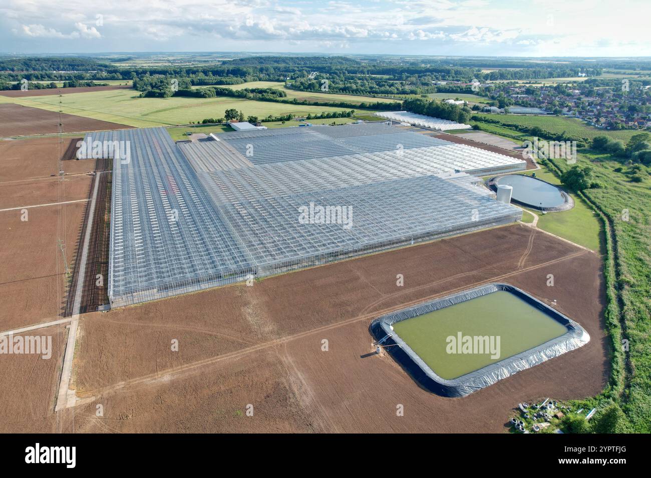 Glass greenhouses from above in sunny weather, big glass houses from ...