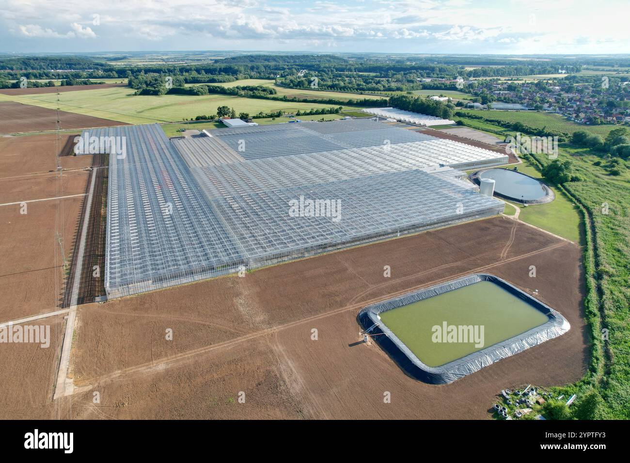Glass greenhouses from above in sunny weather, big glass houses from ...
