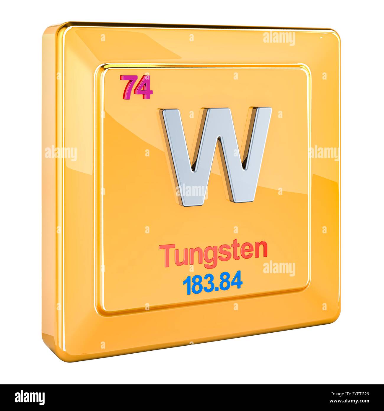 Tungsten W, chemical element sign with number 74 in periodic table. 3D ...